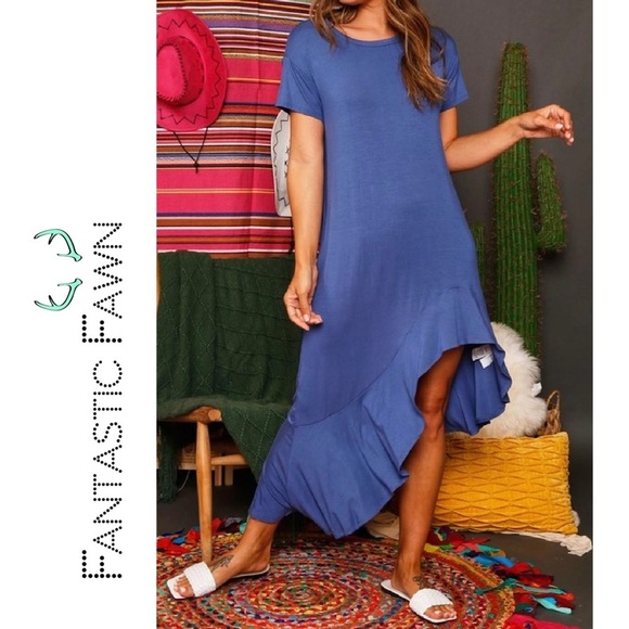Fantastic Fawn | Dresses | Fantastic Fawn Ruffle Hem Midi Dress In Blue ...